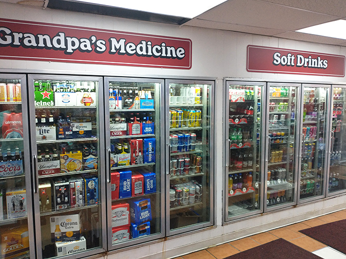 The "Grandpa's Medicine" sign says it all. After a sandwich this good, you might need something from these coolers to wash it down.