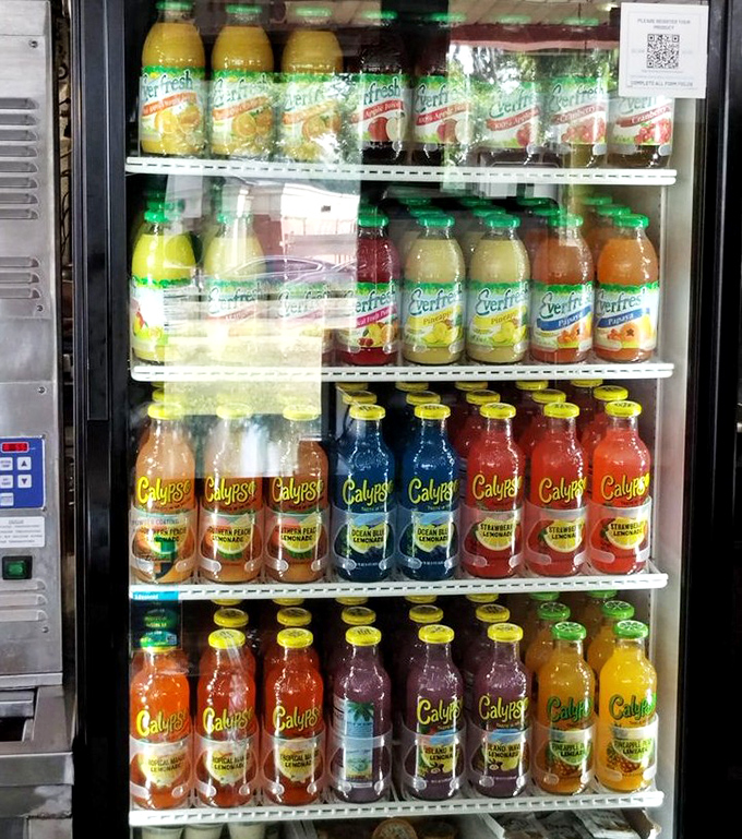 The colorful drink cooler offers a rainbow of options to wash down that legendary chicken. Like choosing a supporting actor for the real star.