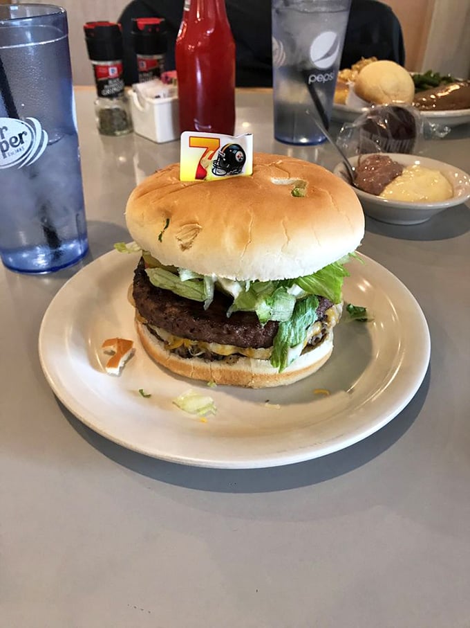 That little football helmet toothpick isn't just decoration&mdash;it's a victory flag celebrating a burger that deserves its own highlight reel.