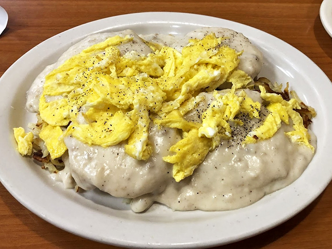 Biscuits and gravy with scrambled eggs on top&mdash;the breakfast equivalent of wearing both a belt and suspenders. Deliciously redundant.