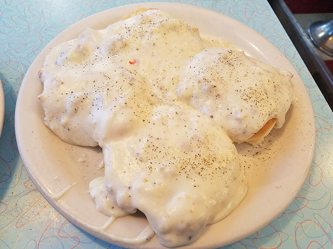 Biscuits and gravy&mdash;Southern comfort that migrated north and found a happy home. A plate that says "nap time" before you've finished.