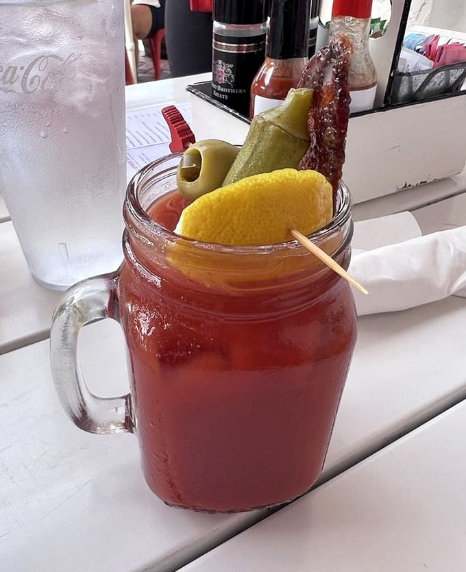 A Bloody Mary so loaded with garnishes it's practically a salad, a drink, and an appetizer all in one glass.
