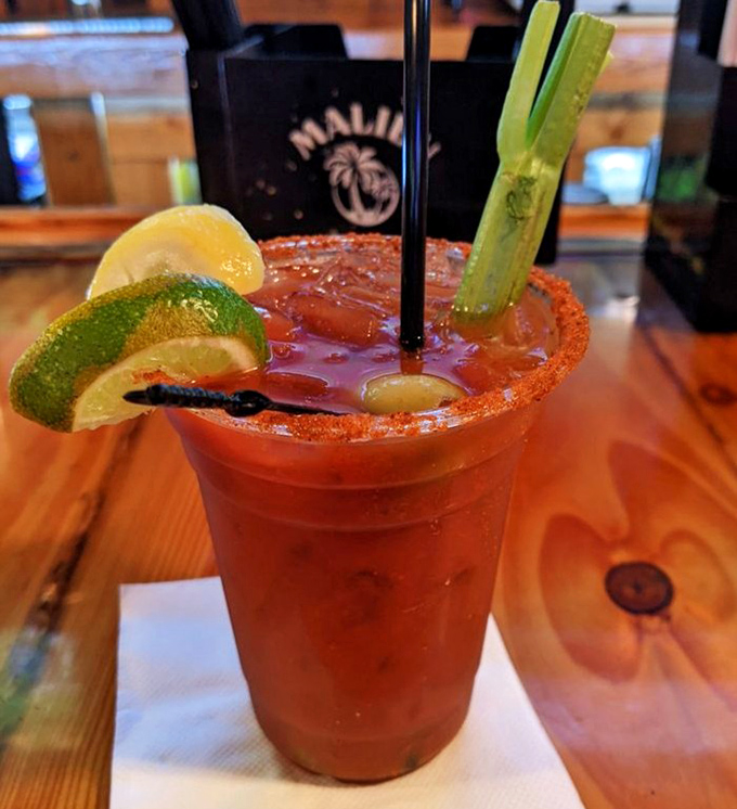 The Bloody Mary arrives like a liquid appetizer, rimmed with spice and garnished with enough vegetation to count as a salad course.
