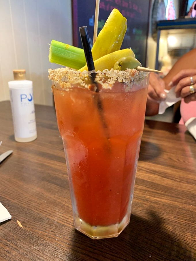 A Bloody Mary so loaded with garnishes it's practically a meal. That celery stalk is just trying to make you feel virtuous.