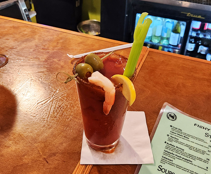 This isn't just a Bloody Mary&mdash;it's a seafood appetizer in disguise. That shrimp garnish is practically doing the backstroke in spicy tomato goodness.