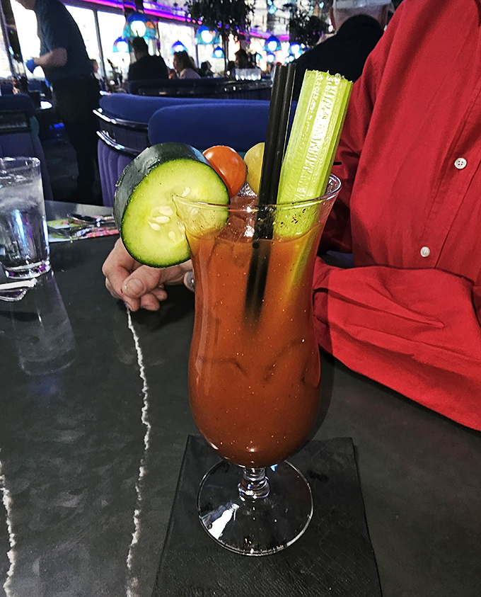 A Bloody Mary so elaborately garnished it could double as a salad - Vegas does everything bigger, including breakfast cocktails.