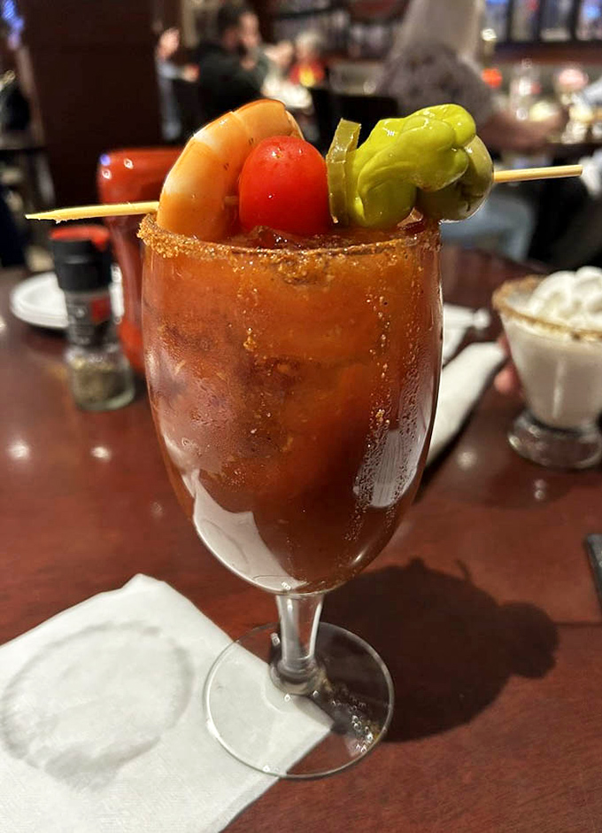 This Bloody Mary comes dressed for success, garnished like it's heading to a party where vegetables are the real stars.
