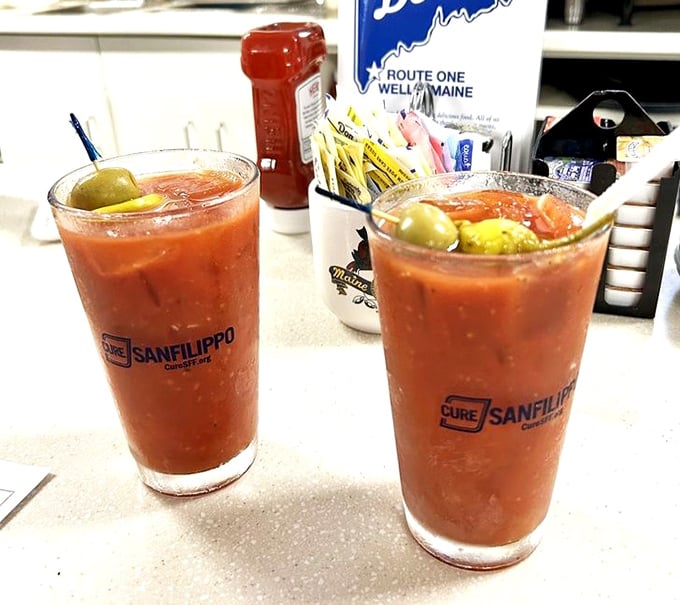 Bloody Marys garnished with enough pickled vegetables to qualify as a legitimate food group, breakfast of champions indeed.