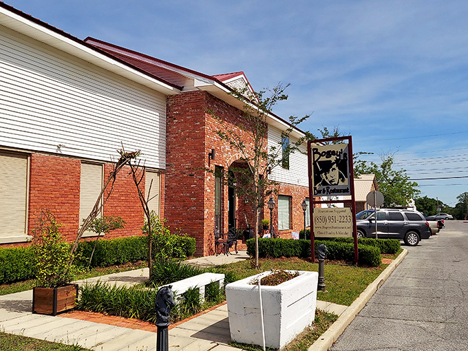 Bogey's doesn't need fancy frills – just solid brick, welcoming greenery, and the promise of good food and conversation waiting just beyond those doors.