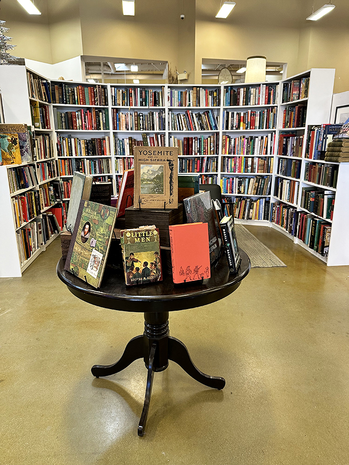 A literary oasis with floor-to-ceiling shelves and a round table showcasing classics like "Little Men." Bibliophiles, prepare to lose track of time.