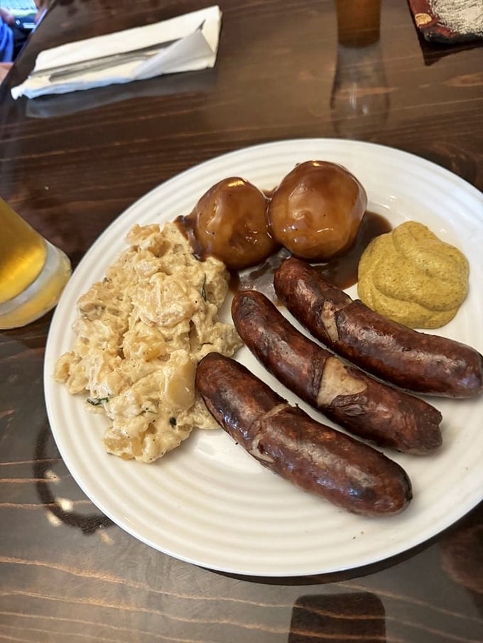 Sausage diplomacy at its finest. These bratwursts with potato salad and mustard could broker peace between any warring nations.