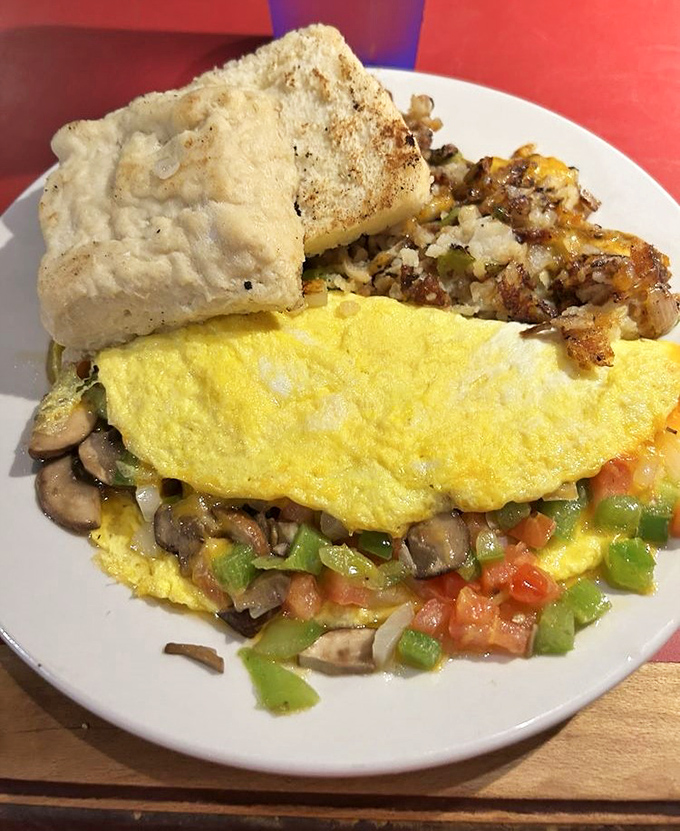 An omelet that's practically a work of art, with vegetables arranged so beautifully you almost feel bad demolishing it. Almost.