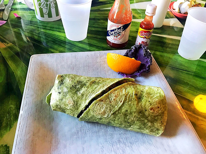 Not just a breakfast wrap but a morning hug, with that spinach tortilla embracing eggs and fillings like a warm Florida welcome.