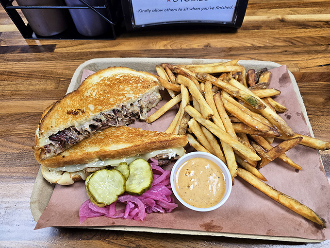 The brisket grilled cheese sandwich: where comfort food meets craft barbecue in a beautiful, melty marriage.