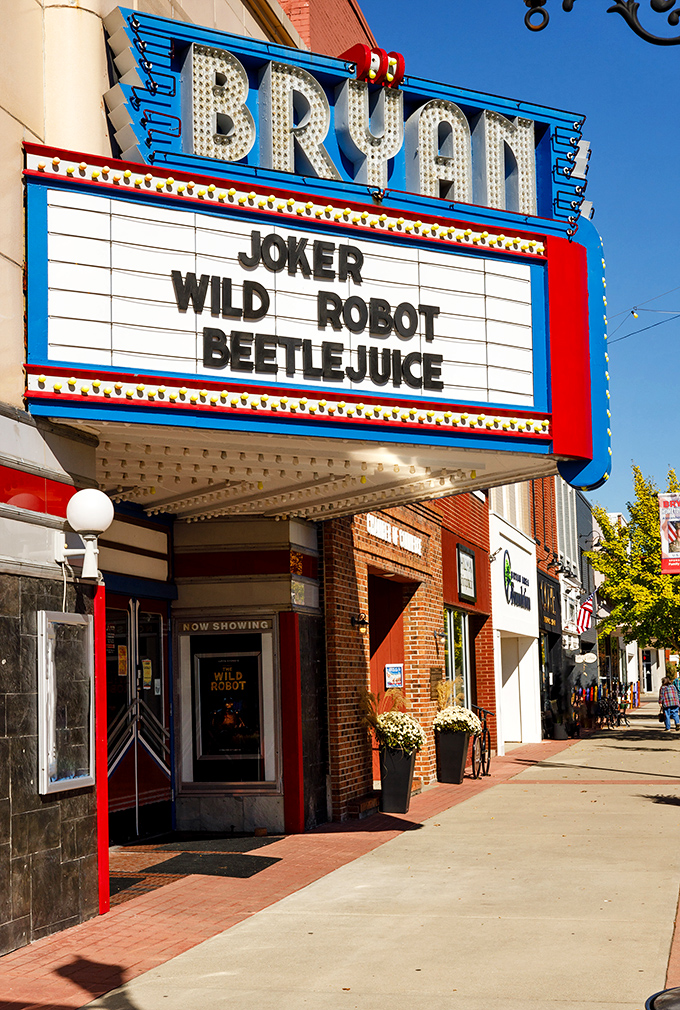 The Bryan Theater's classic marquee lights up Main Street, offering Hollywood escapes at small-town prices.