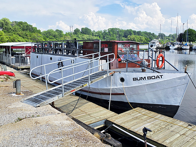 The aptly named "Bum Boat" invites harbor visitors aboard for refreshments and stories that get better with each telling.