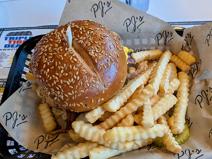 Sesame-studded perfection with crinkle-cut fries that crunch like autumn leaves. This burger doesn't need fancy toppings to make its point.