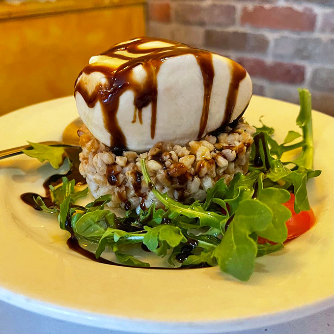 Burrata that looks like it's wearing a tuxedo of balsamic glaze. Sitting atop its farro throne, this cheese knows it's royalty and isn't afraid to show it.