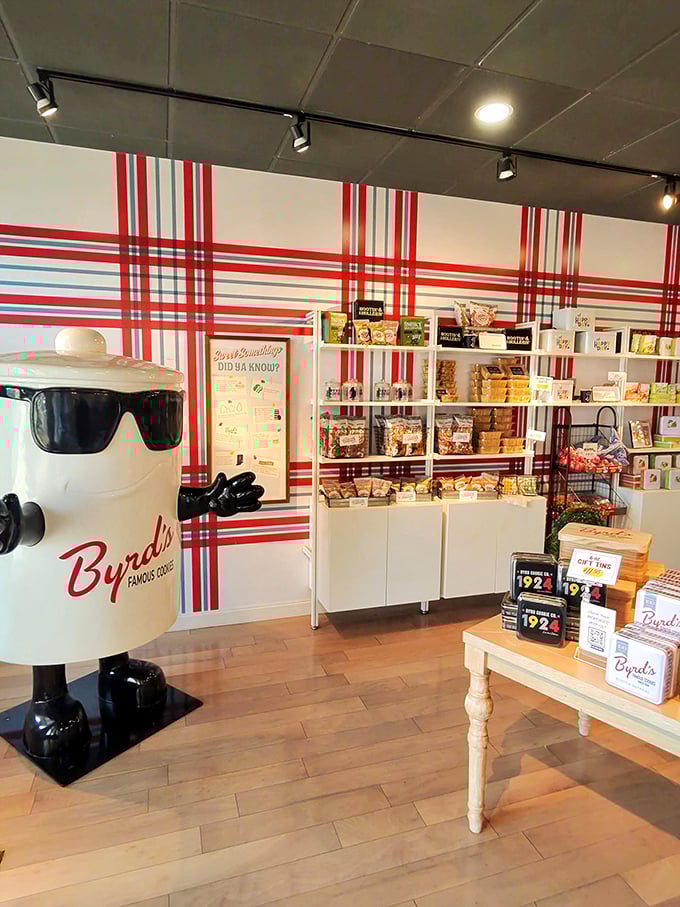 Byrd's Famous Cookies features a mascot that looks like it escaped from a 1950s appliance commercial and stole your grandmother's recipes.