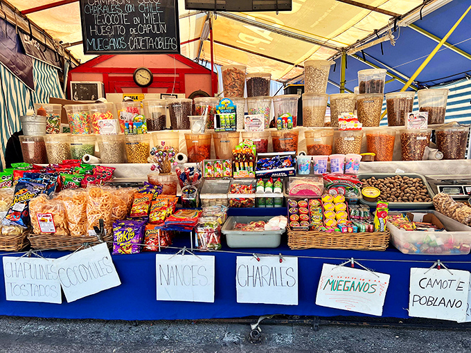 A rainbow of Mexican candies, nuts, and snacks creates an edible color palette that's as much a feast for the eyes as it is for the taste buds.