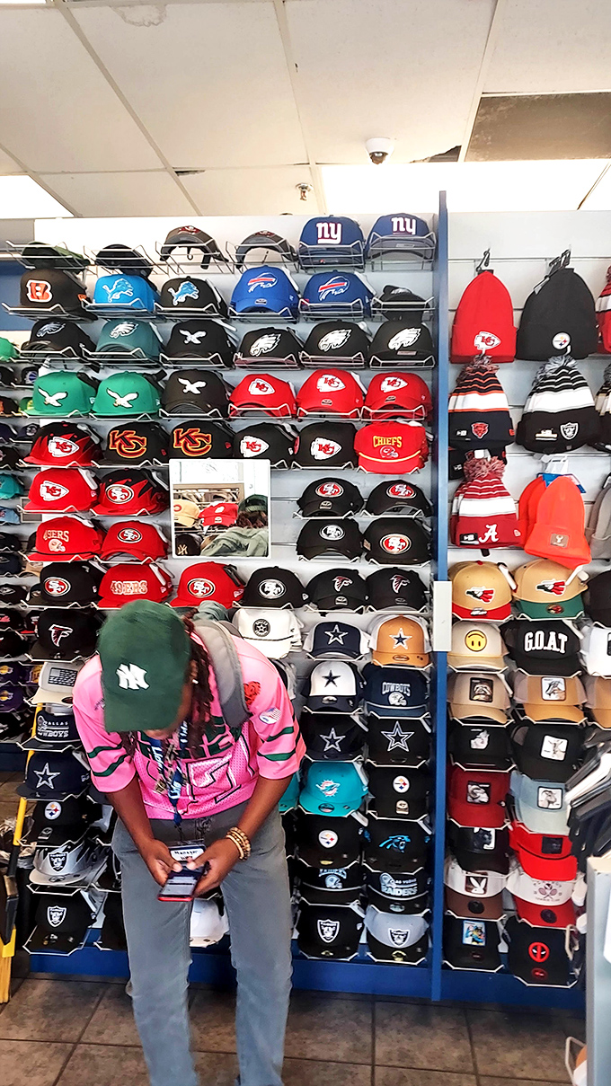 Sports fan paradise! NFL team caps line the walls at Gulfport Premium Outlets, where you can show team spirit without tackling your budget.