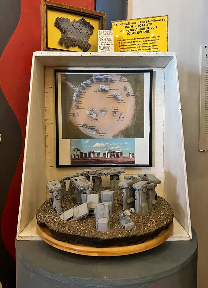 Carhenge in miniature! This tiny replica of Nebraska's automotive Stonehenge proves that great art can come in small packages&mdash;or small cars.