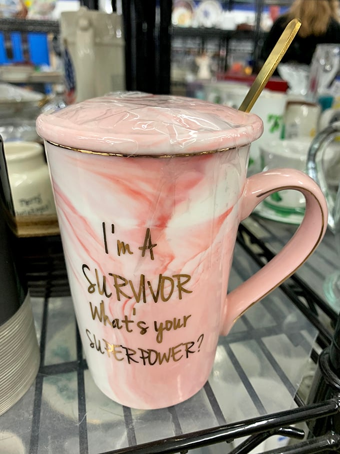 Even mugs tell stories here&mdash;this pink marble "Survivor" cup might inspire your morning coffee ritual while saving you from overpriced cafe habits.