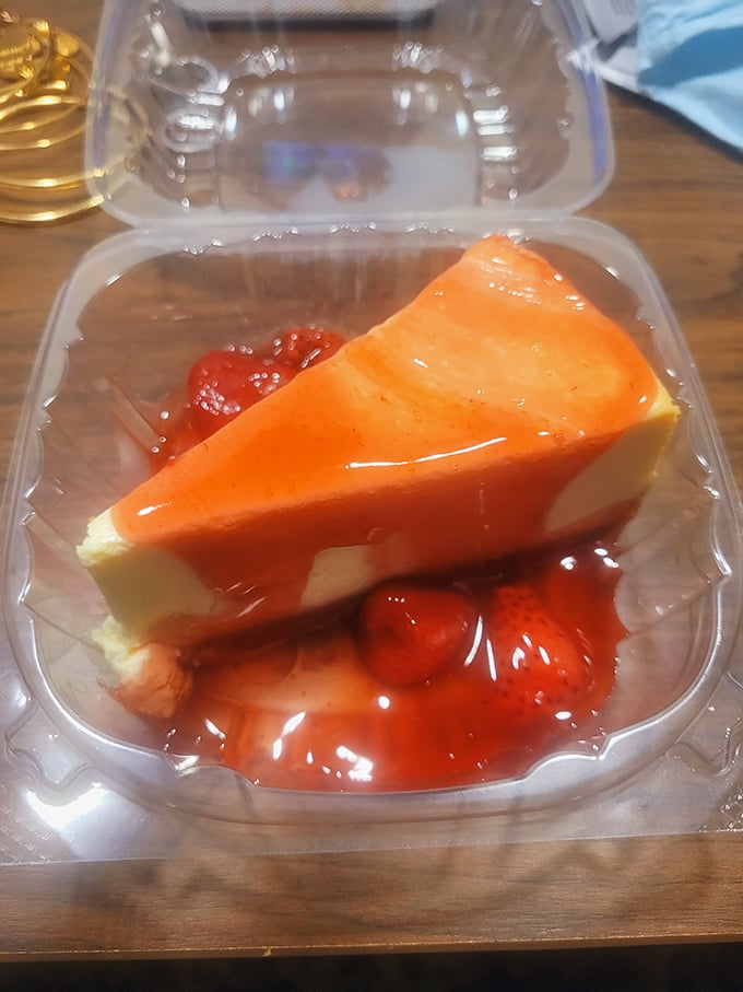 Strawberry cheesecake—because after conquering a mountain of fried chicken, you deserve a sweet victory lap.