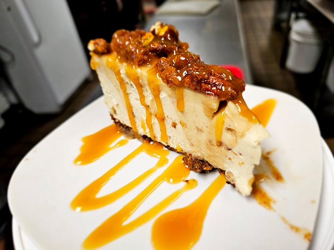 A slice of cheesecake drizzled with caramel that makes you consider ordering dessert first next time. Life's uncertain&mdash;eat the sweet stuff first. 