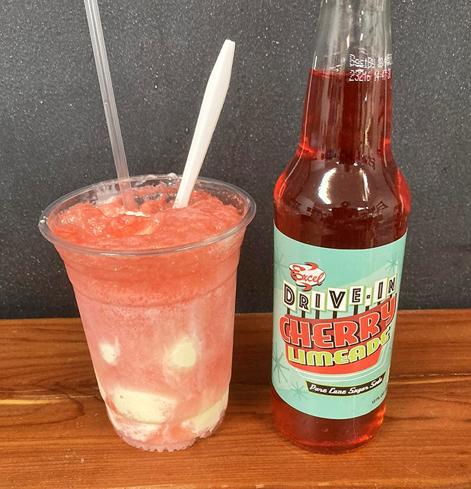 Cherry limeade float that screams summer nostalgia. The perfect companion for porch-sitting and reminiscing about drive-in movie theaters.