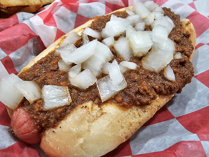 The Chicago Dog makes a compelling out-of-state argument, dressed to impress with its garden of toppings like it's attending a fancy Midwest gala.