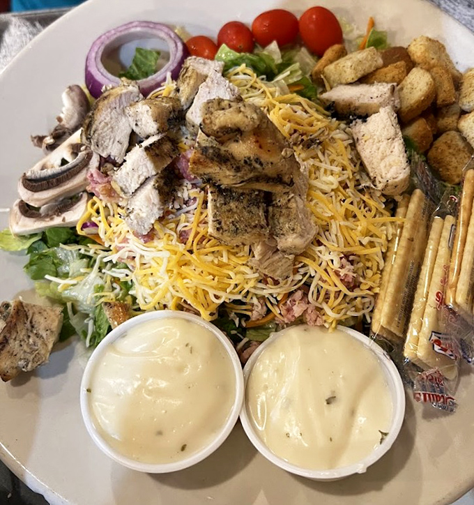 A salad that doesn't apologize for being hearty. Those chicken strips and cheese aren't toppings&mdash;they're co-stars in this leafy production.