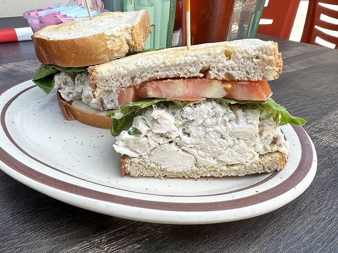 The chicken salad sandwich: where simplicity becomes art. Fresh ingredients nestled between slices of bread that know their supporting role perfectly.
