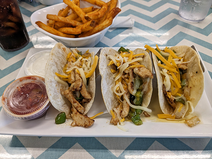 Who says Peach's is just for breakfast? These chicken fajita tacos prove lunch deserves the same loving attention as their morning specialties.