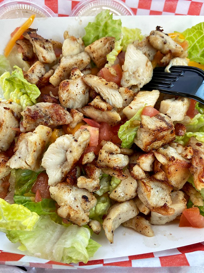 Chicken salad that proves healthy-ish options can still be indulgent. Perfectly seasoned chunks of chicken playing hide and seek among fresh greens.