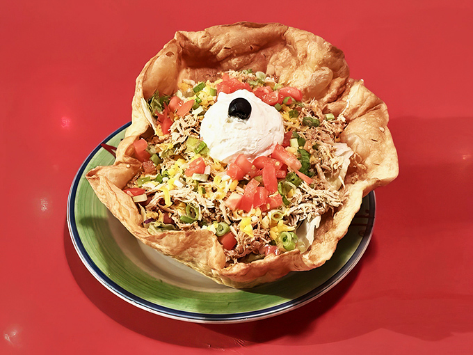 This taco salad bowl isn't just edible &ndash; it's architectural genius that answers the eternal question: "Why can't all dishes be made of fried tortilla?"
