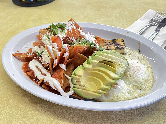 Chilaquiles: where tortilla chips go for their glorious afterlife, reborn in a symphony of eggs, sauce, and perfectly sliced avocado.