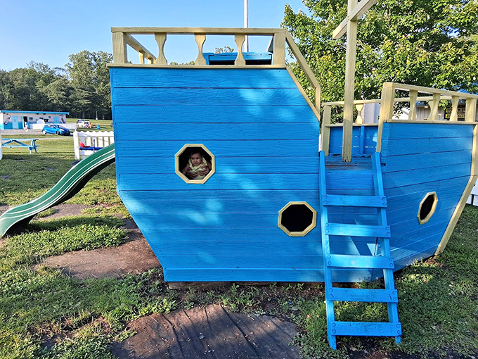 All aboard the S.S. Imagination! This blue ship playground helps young sailors navigate the treacherous waters of waiting for the movie to start.