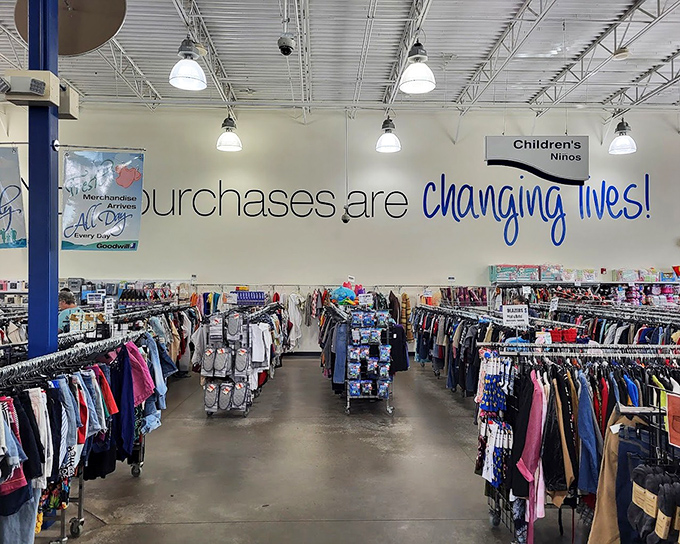 The children's section offers a colorful oasis of tiny treasures. Growing kids and shrinking budgets find perfect harmony among these well-organized racks.