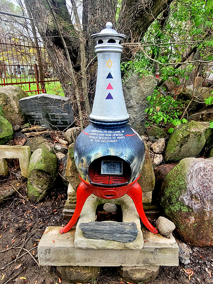 This colorful chiminea stands as a memorial to Holocaust victims, proving that even in a rock garden, history's most important lessons find their place.