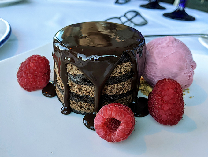 This chocolate cake with raspberry accents isn't just dessert&mdash;it's therapy that doesn't require a copay. Sweet architecture at its finest.