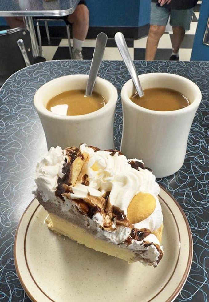 Pie and coffee: the dynamic duo of diner desserts. This chocolate banana cream slice isn't just a treat &ndash; it's the reason elastic waistbands were invented.