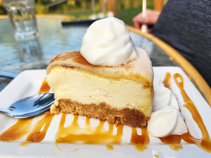 A slice of cheesecake that makes you wonder why anyone bothers with birthday cake. That caramel drizzle is performing a sweet symphony.