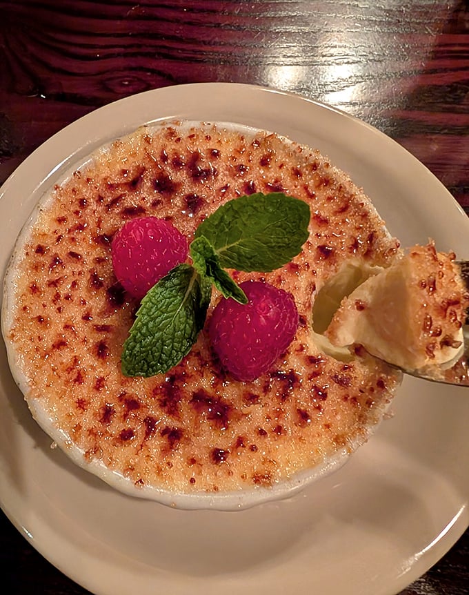 The cr&egrave;me br&ucirc;l&eacute;e arrives with a perfectly caramelized top&mdash;that satisfying crack when your spoon breaks through is nature's perfect sound.
