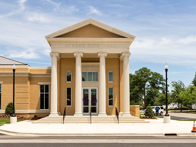Athens City Hall embraces its classical namesake with columns that would make any ancient Greek architect nod in approval.