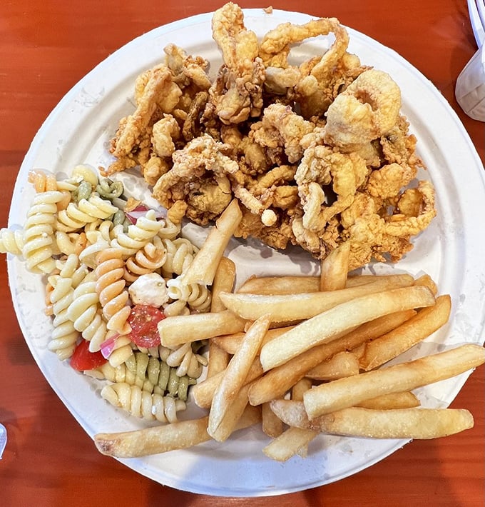 A seafood trifecta: fried clams, pasta salad, and fries. The holy trinity of coastal Massachusetts dining that satisfies every craving.
