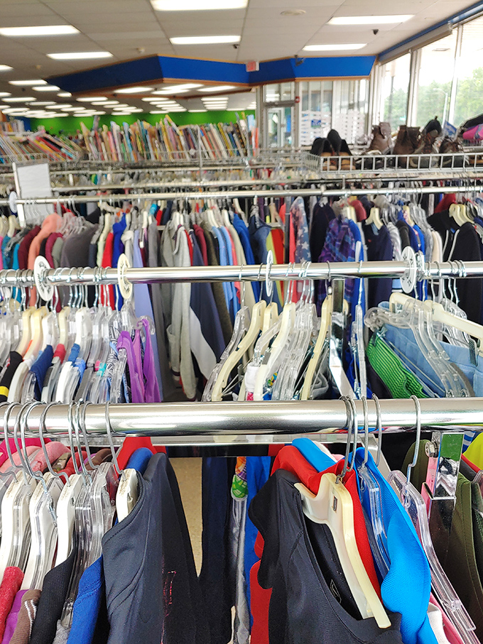 The rainbow effect of organized clothing. Color-coded racks transform the hunting process from overwhelming chaos into a methodical treasure expedition.