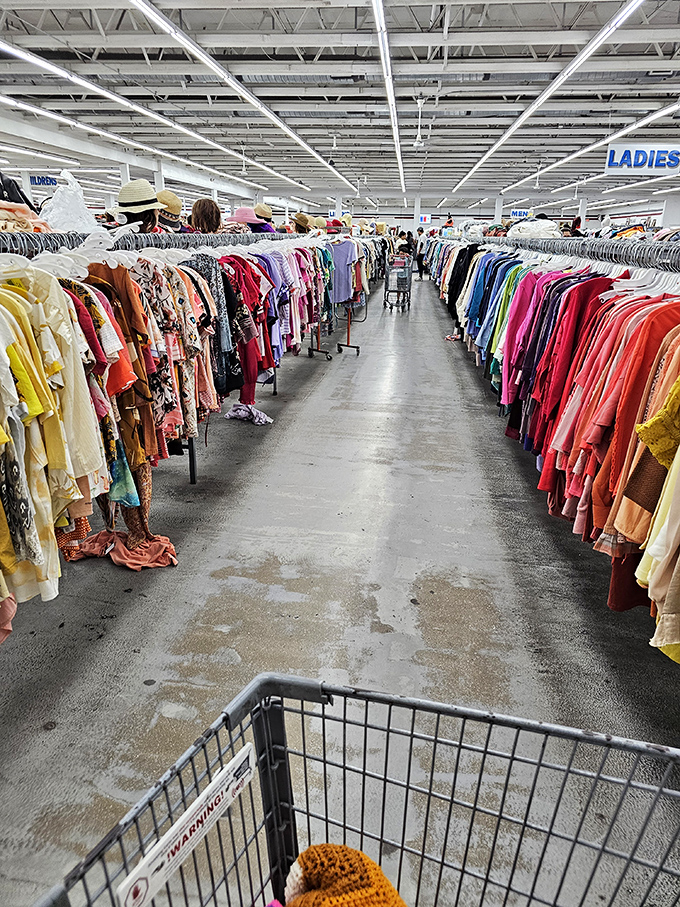 The ladies' clothing section: a rainbow road of fashion possibilities where your next favorite outfit is hiding between someone else's castoffs.
