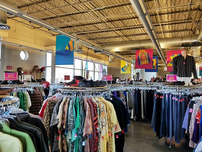 Rainbow rows of clothing stretch toward the horizon, each hanger potentially holding your next favorite outfit or unexpected style revelation.
