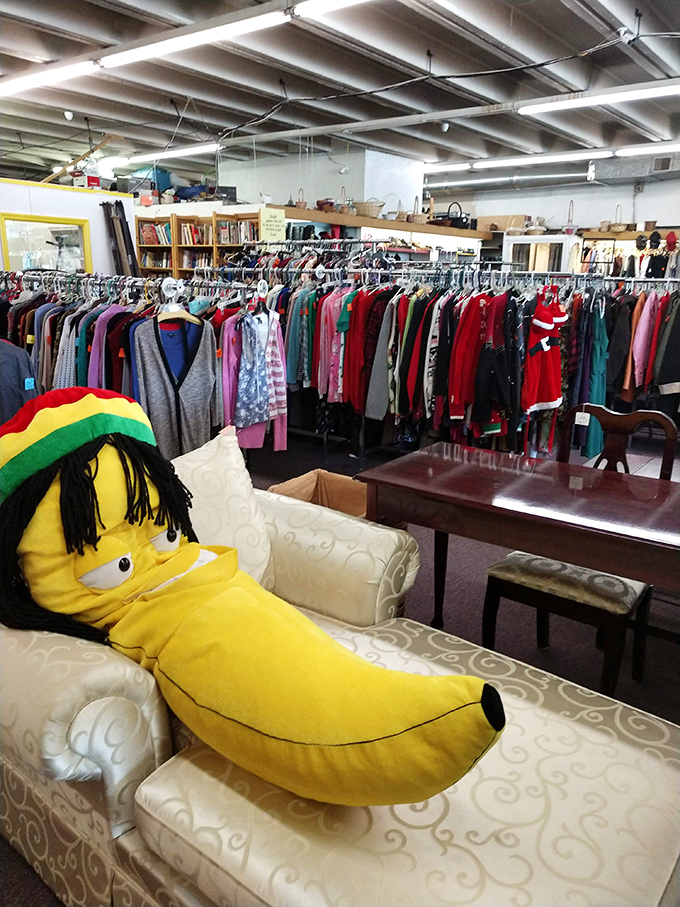 The clothing section stretches toward infinity, a textile rainbow where yesterday's fashion becomes tomorrow's vintage statement piece.